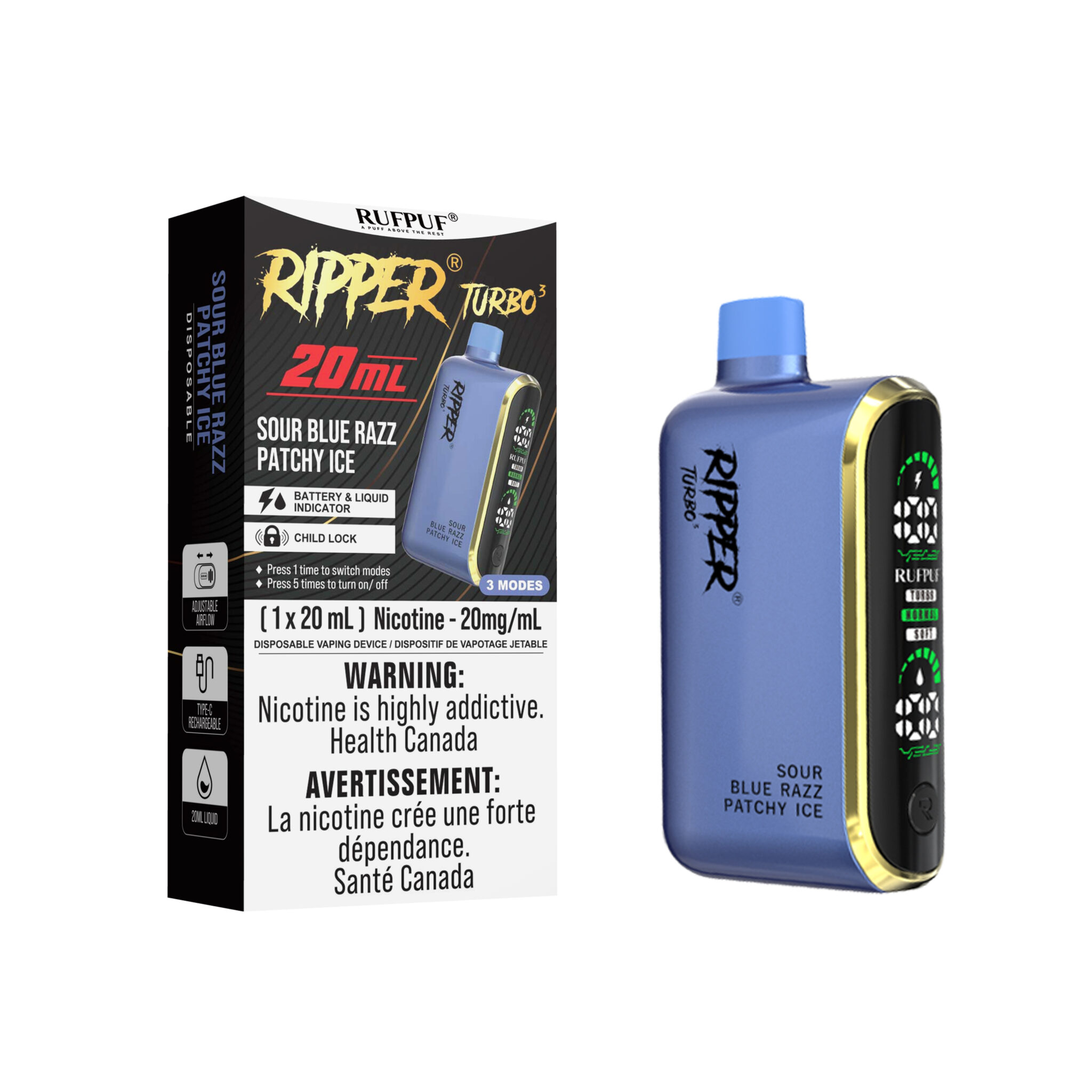 Sour Blue Razz Patchy Ice Ripper T3 25000 Puffs (Tax Incl.) – GCORE VAPE